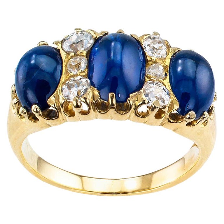 Victorian Three-Stone Cabochon Sapphire Diamond Yellow Gold Ring For ...