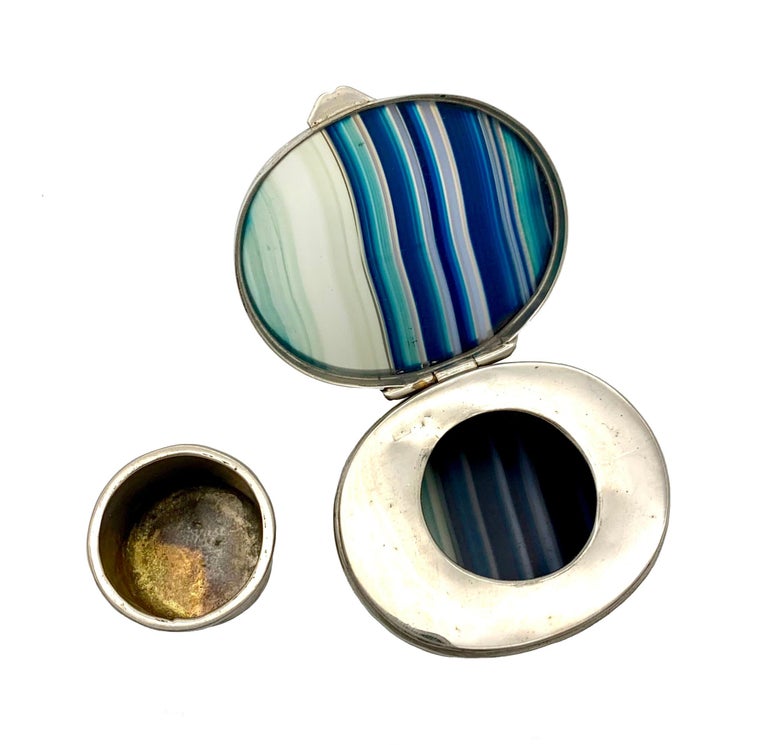 Victorian Travelling Inkwell Silver Plated Banded Agate For Sale at 1stDibs