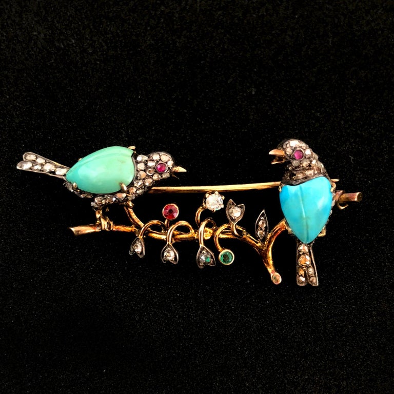 Victorian Turqouise and Diamond Bird Nest Brooch For Sale at 1stDibs