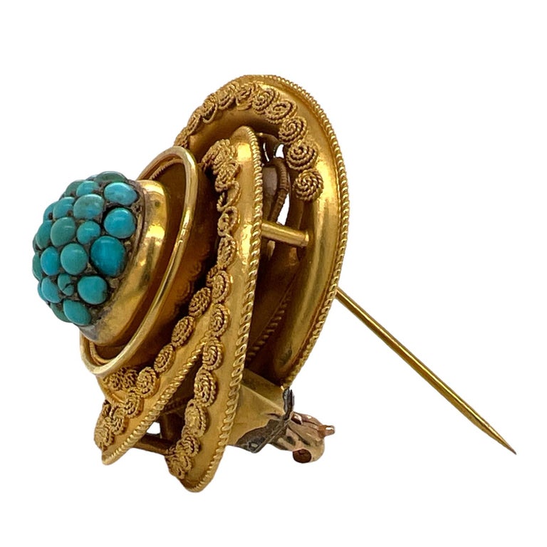 Victorian Turquoise 18 Karat Yellow Gold Swirl Textured Pin Brooch For ...