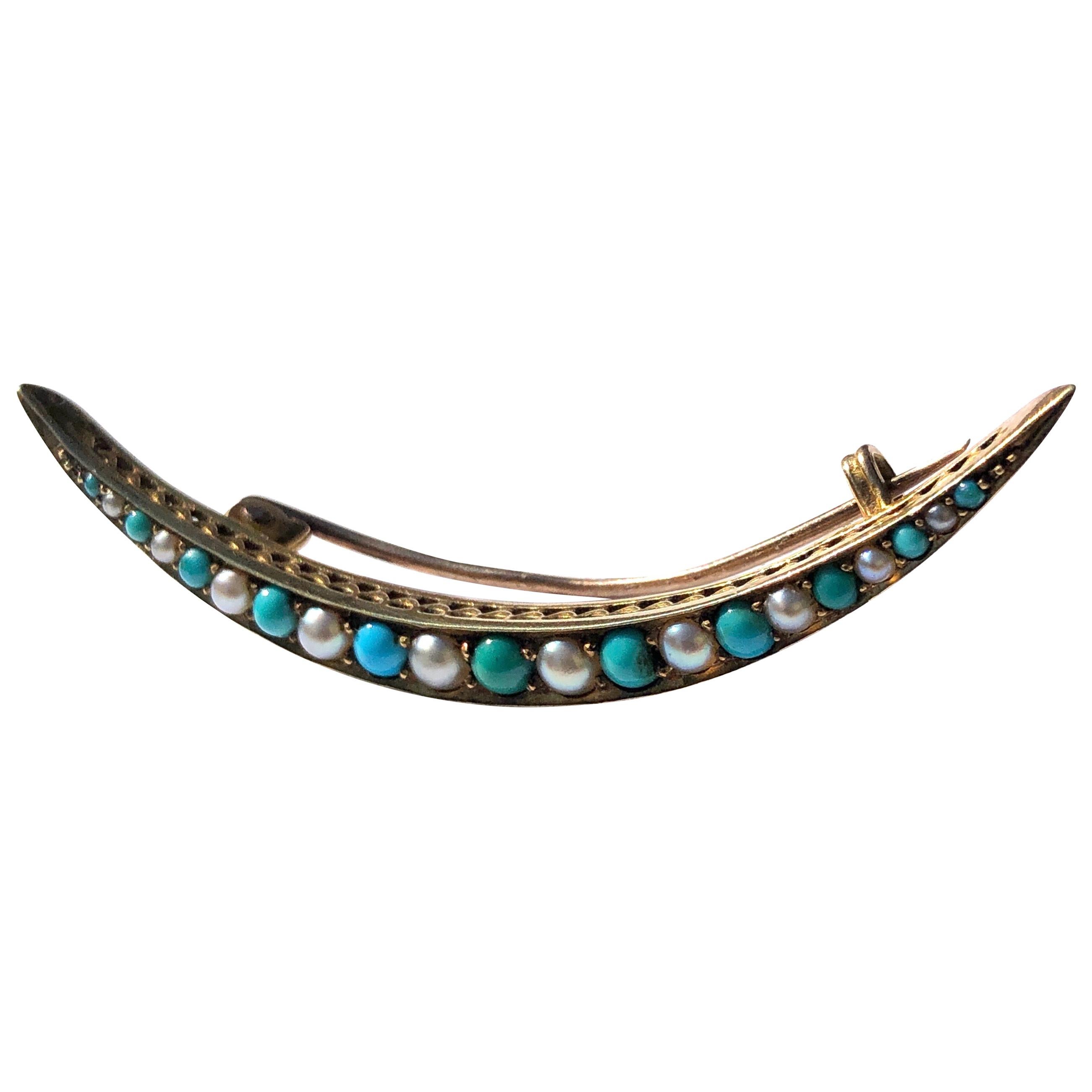 Victorian Turquoise and Pearl 15 Carat Gold Crescent Brooch at 1stDibs