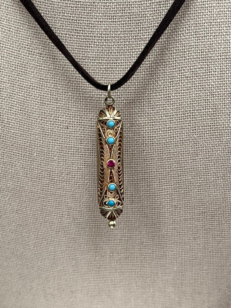 Victorian Turquoise and Ruby Filigree Pendant 14k For Sale at 1stDibs