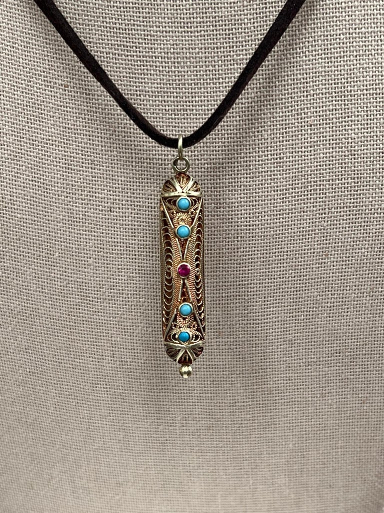 Victorian Turquoise and Ruby Filigree Pendant 14k For Sale at 1stDibs