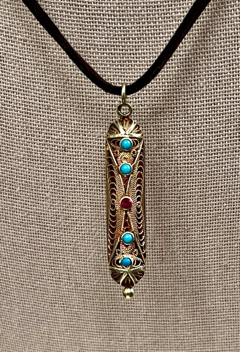 Victorian Turquoise and Ruby Filigree Pendant 14k For Sale at 1stDibs