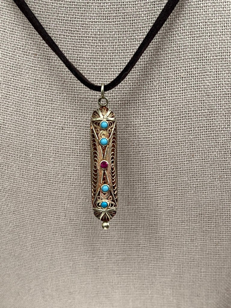 Victorian Turquoise and Ruby Filigree Pendant 14k For Sale at 1stDibs