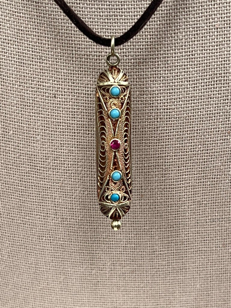 Victorian Turquoise and Ruby Filigree Pendant 14k For Sale at 1stDibs