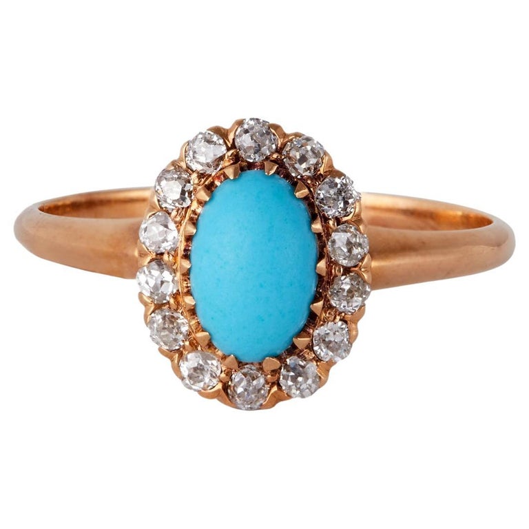 Victorian Turquoise Diamond 14k Rose Gold Cluster Ring For Sale at 1stDibs