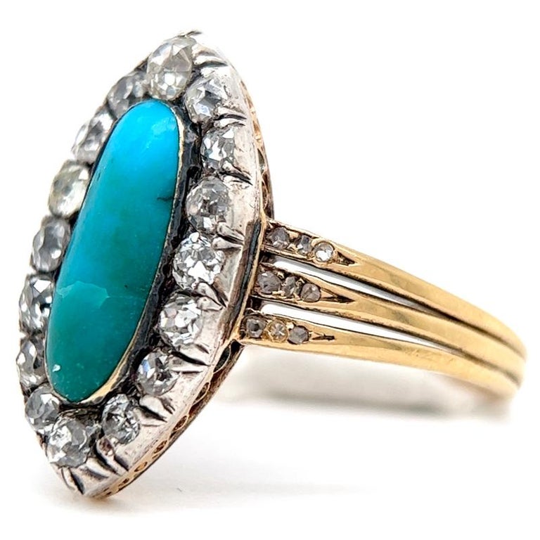 Victorian Turquoise Diamond Yellow Gold Navette Dinner Ring For Sale at ...
