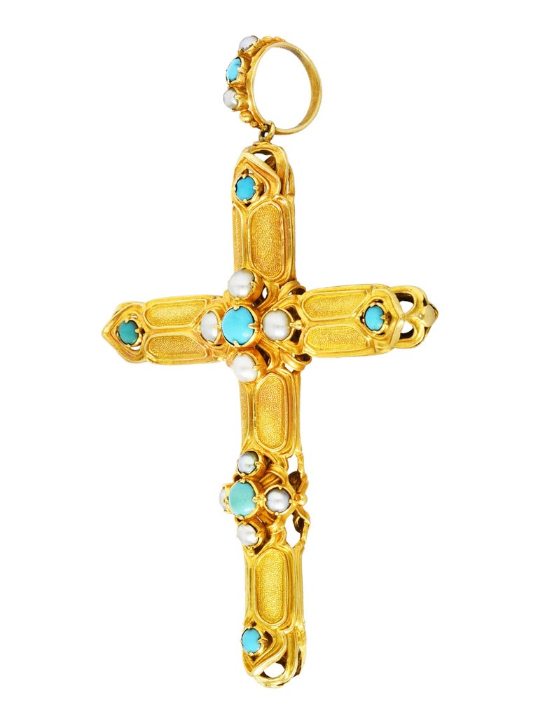 Victorian Turquoise Pearl 18 Karat Yellow Gold Cross Vintage Pendant ...
