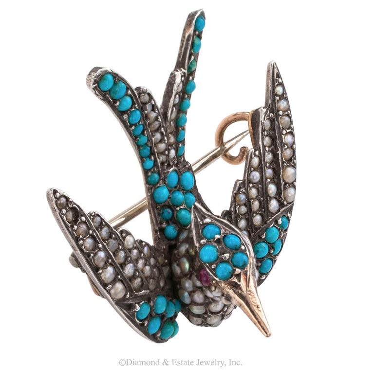 Victorian Turquoise Pearl Ruby Silver Gold Phoenix Bird Brooch For Sale ...