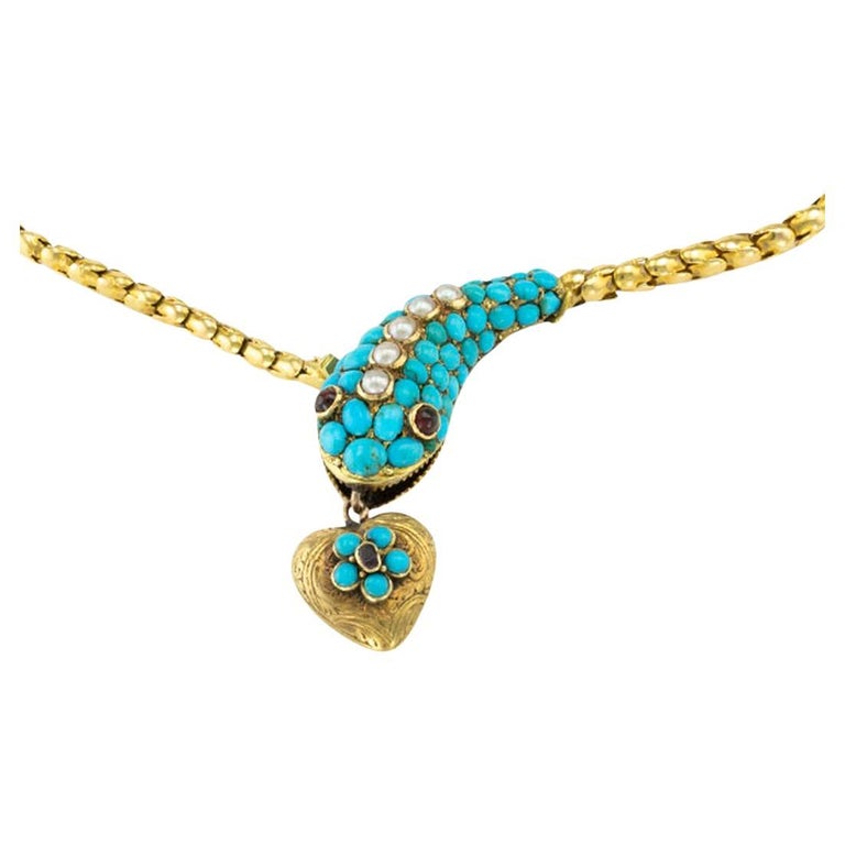 Victorian Turquoise Pearl Snake Head Yellow Gold Necklace For Sale at ...