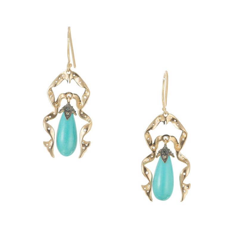 Victorian Turquoise Round Diamond Gold Dangle Earrings For Sale at 1stDibs