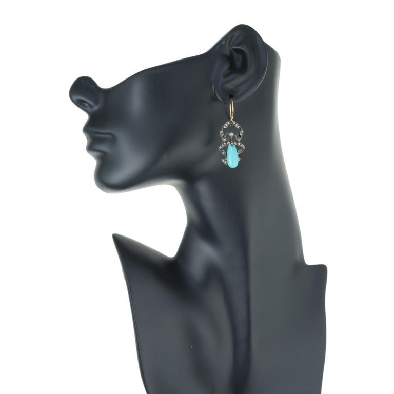 Victorian Turquoise Round Diamond Gold Dangle Earrings For Sale at 1stDibs