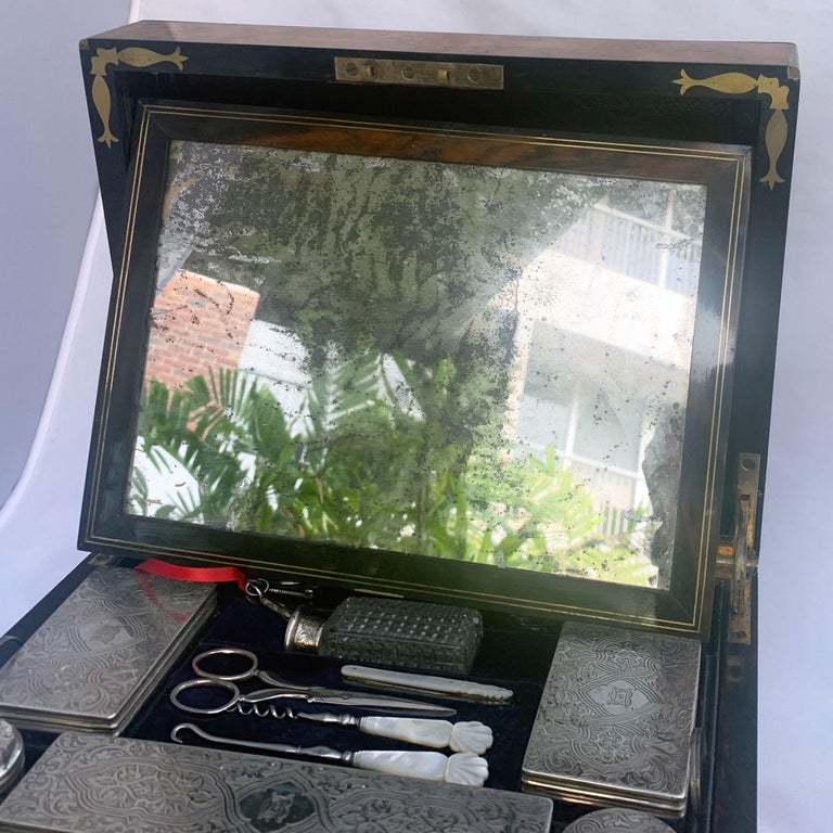 Victorian Vanity Set in the Original Burl Wood Box For Sale at 1stDibs