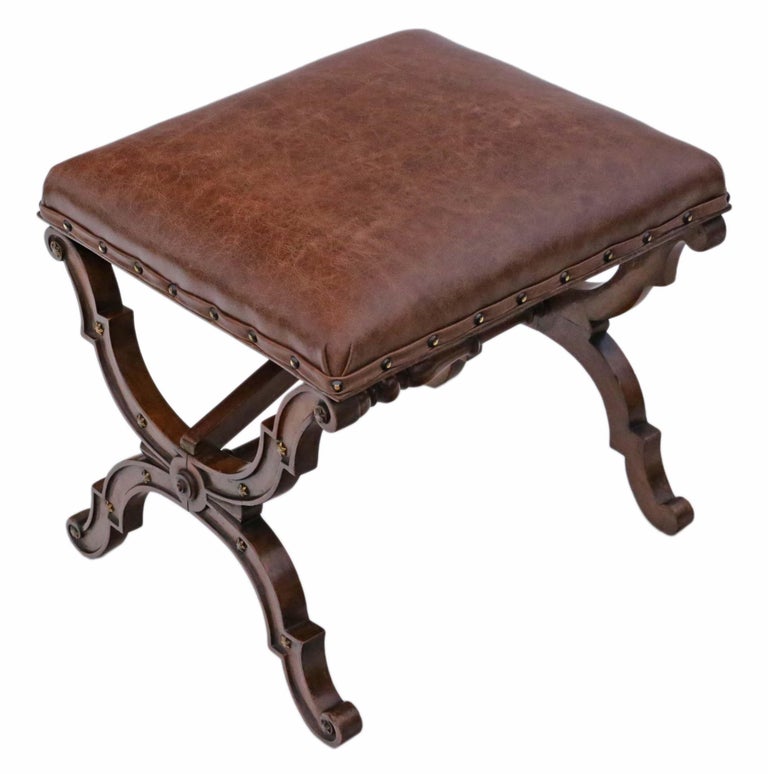 Victorian Walnut Leather X-Frame Stool Seat Foot at 1stDibs