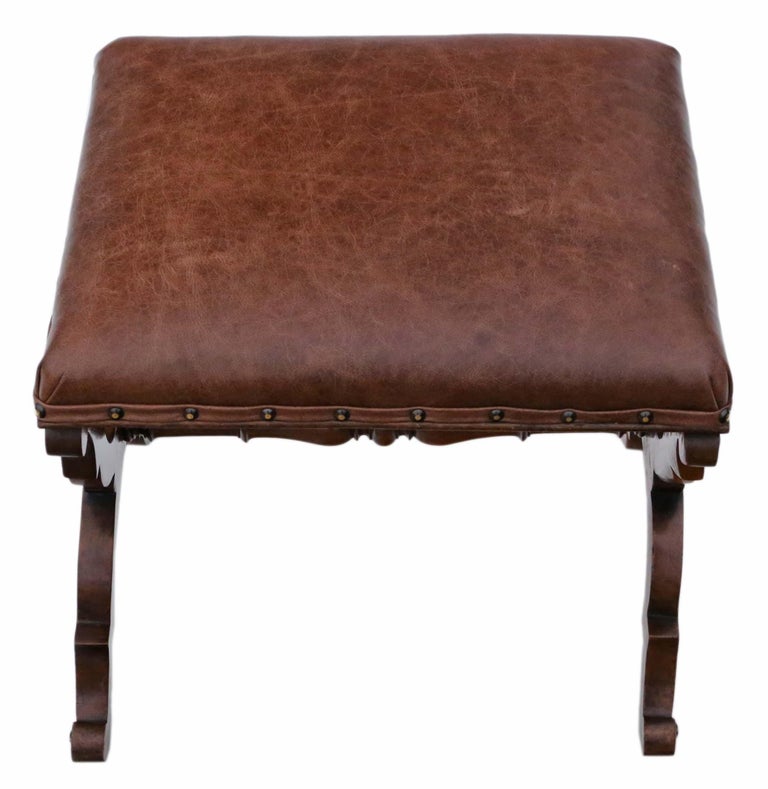 Victorian Walnut Leather X-Frame Stool Seat Foot at 1stDibs
