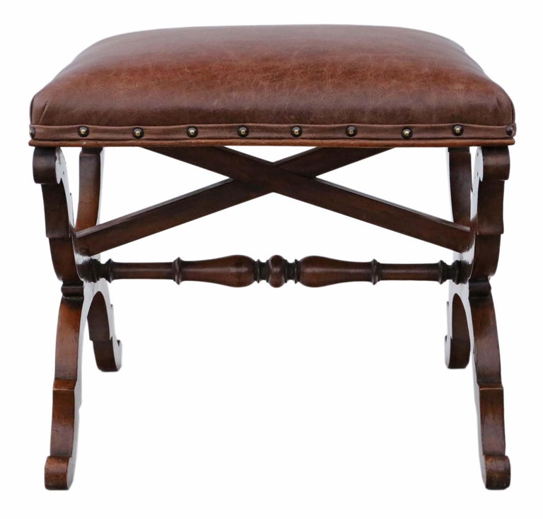 Victorian Walnut Leather X-Frame Stool Seat Foot at 1stDibs