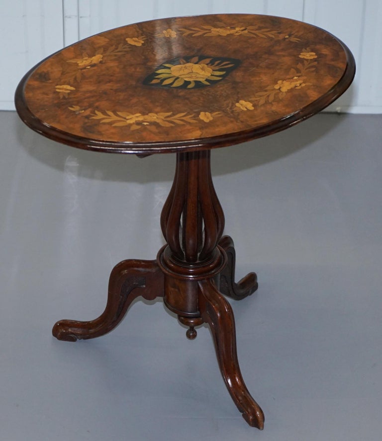 Victorian Walnut and Marquetry Inlaid Tilt Top Oval Side Table Bulbous ...