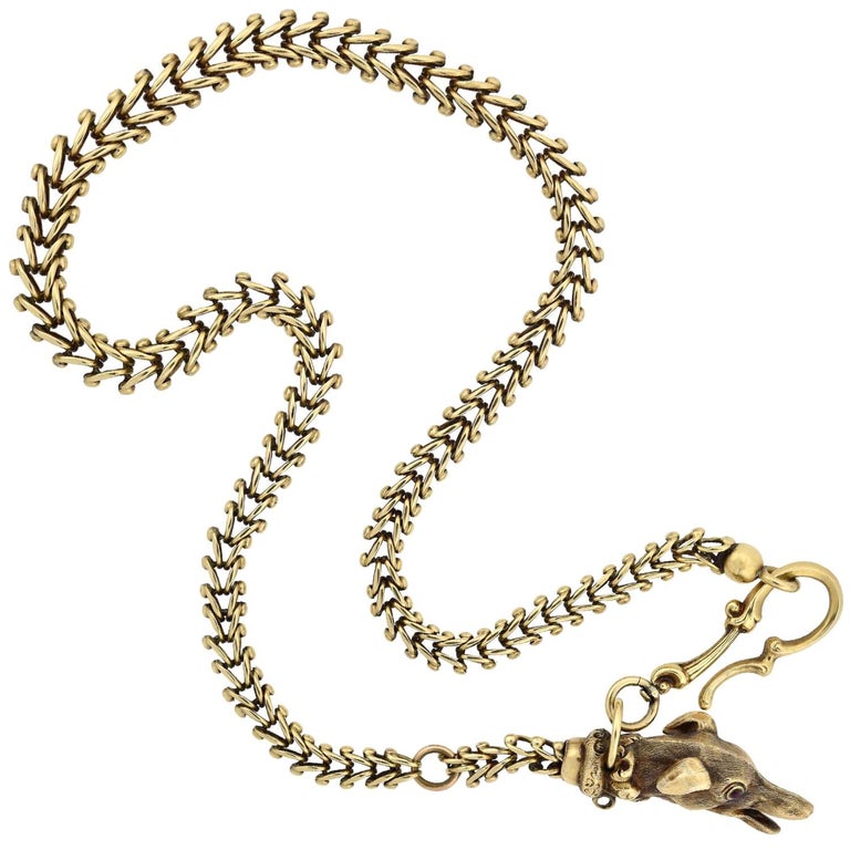Victorian Watch Chain and Garnet Greyhound Dog Head Fob at 1stDibs