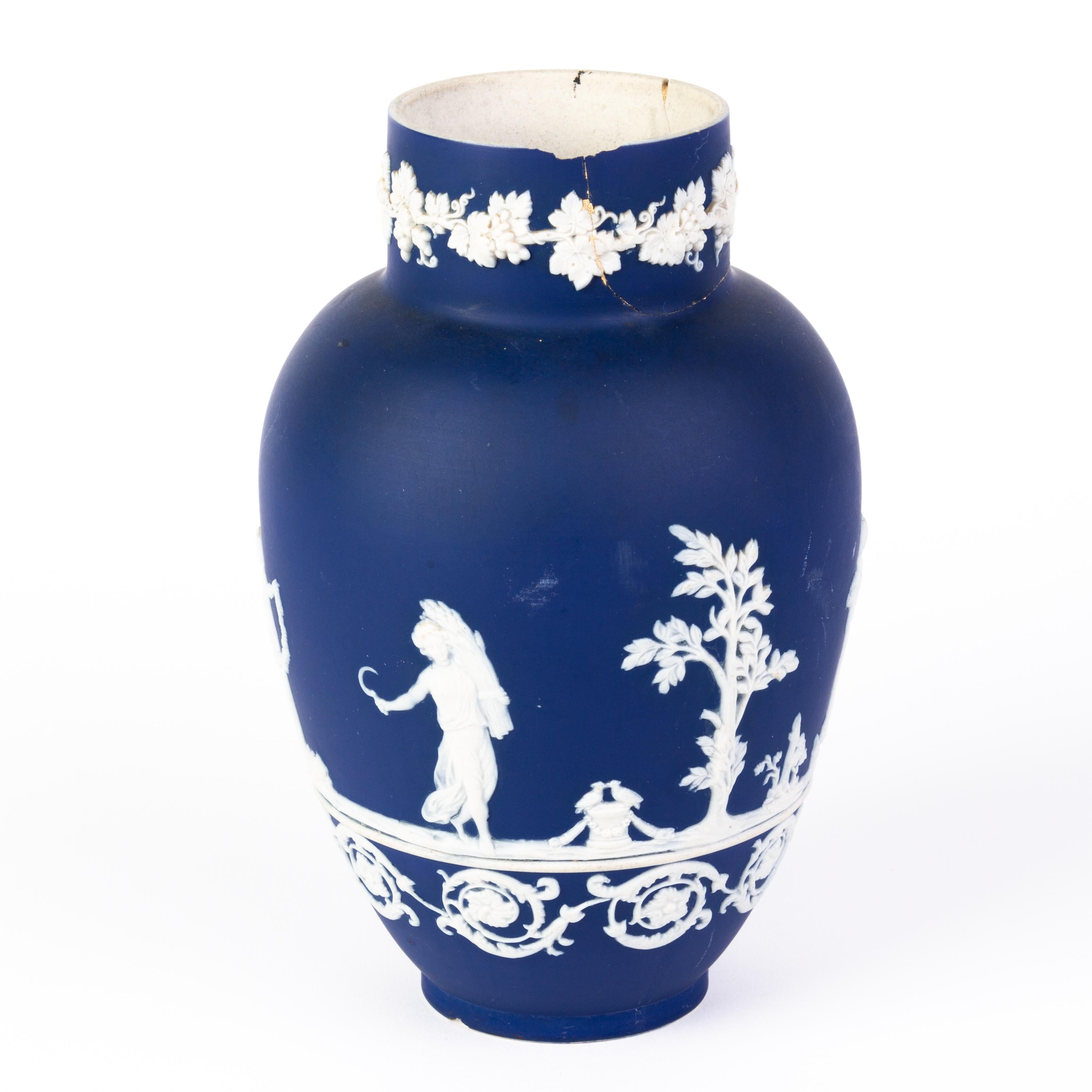 Victorian Wedgwood Portland Blue Jasperware Baluster Cameo Neoclassical Vase For Sale at 1stDibs