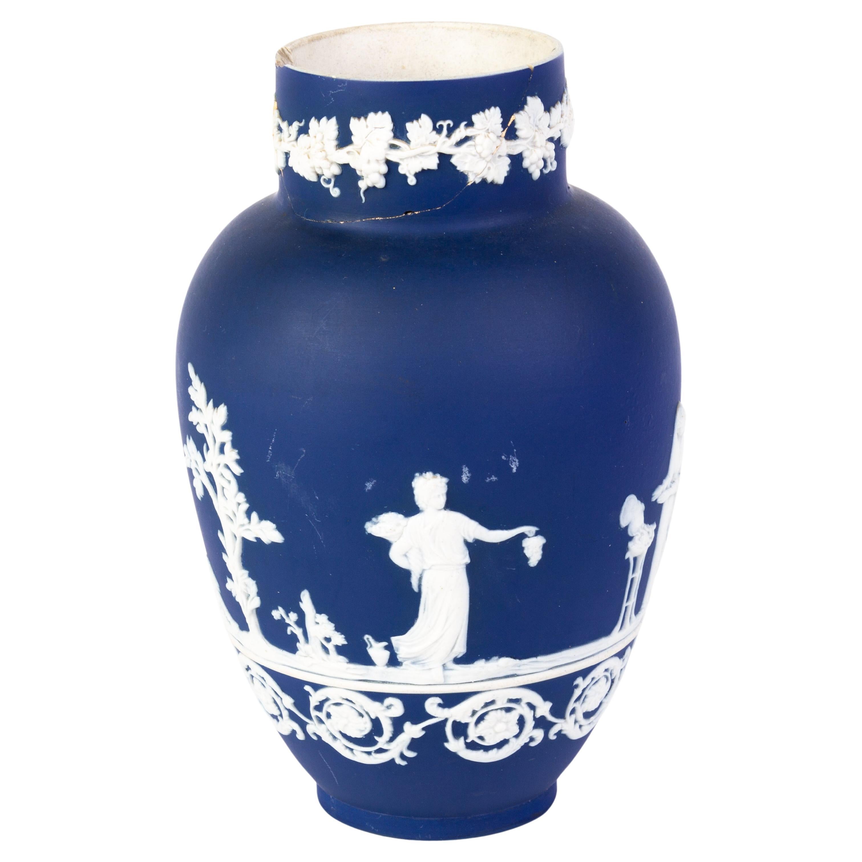 Victorian Wedgwood Portland Blue Jasperware Neoclassical Cameo Miniature Vase For Sale at 1stDibs