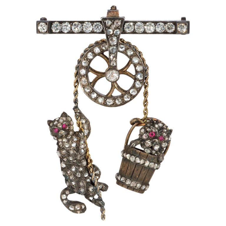 Victorian Whimsical Diamond Mechanical Pulley Brooch with Cat and Dog ...