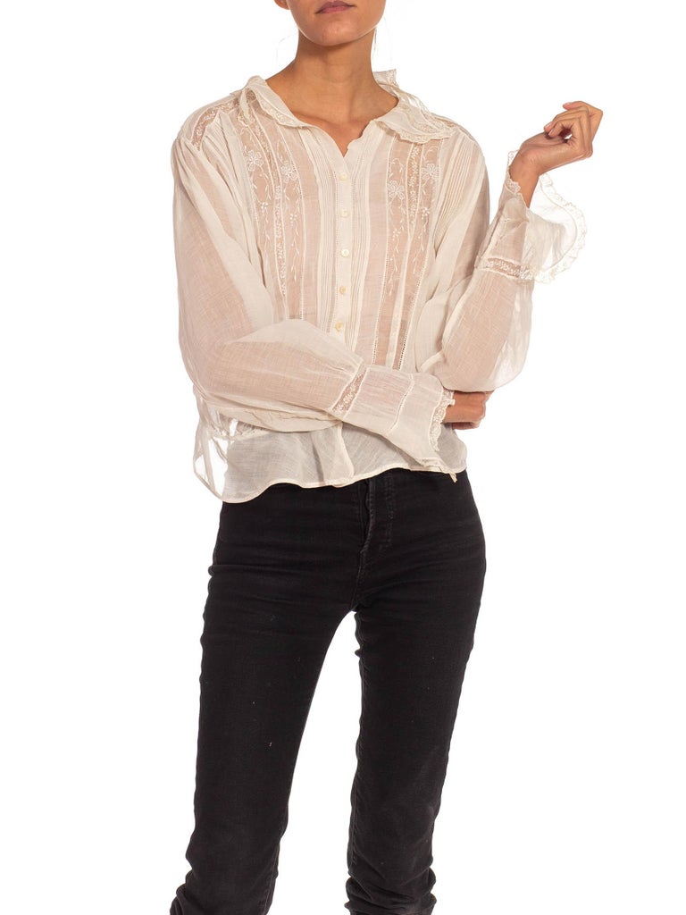 Victorian White Embroidered Cotton Button Up Shirt With Long Sleeves ...