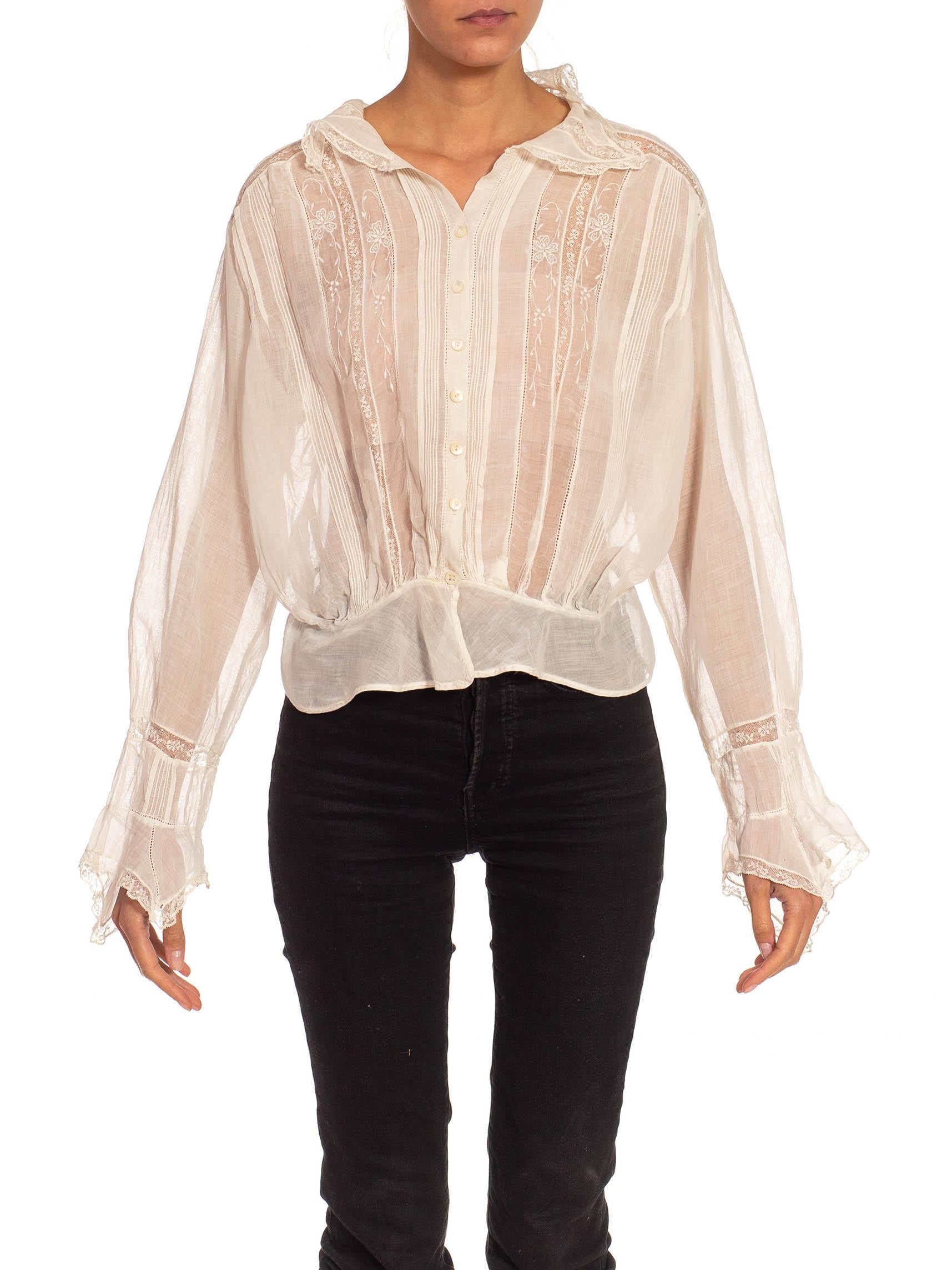 Victorian White Embroidered Cotton Button Up Shirt With Long Sleeves ...