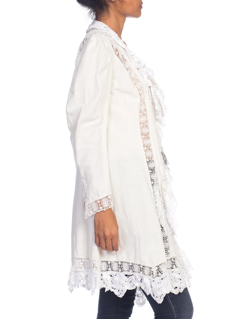 Victorian White Organic Cotton Jacket With Handmade Lace Trim For Sale ...