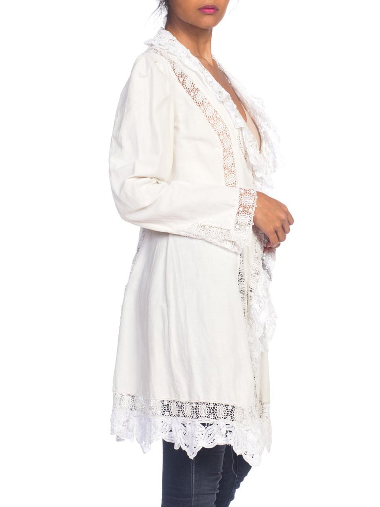 Victorian White Organic Cotton Jacket With Handmade Lace Trim For Sale ...