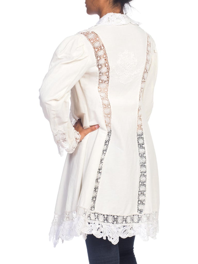 Victorian White Organic Cotton Jacket With Handmade Lace Trim For Sale ...