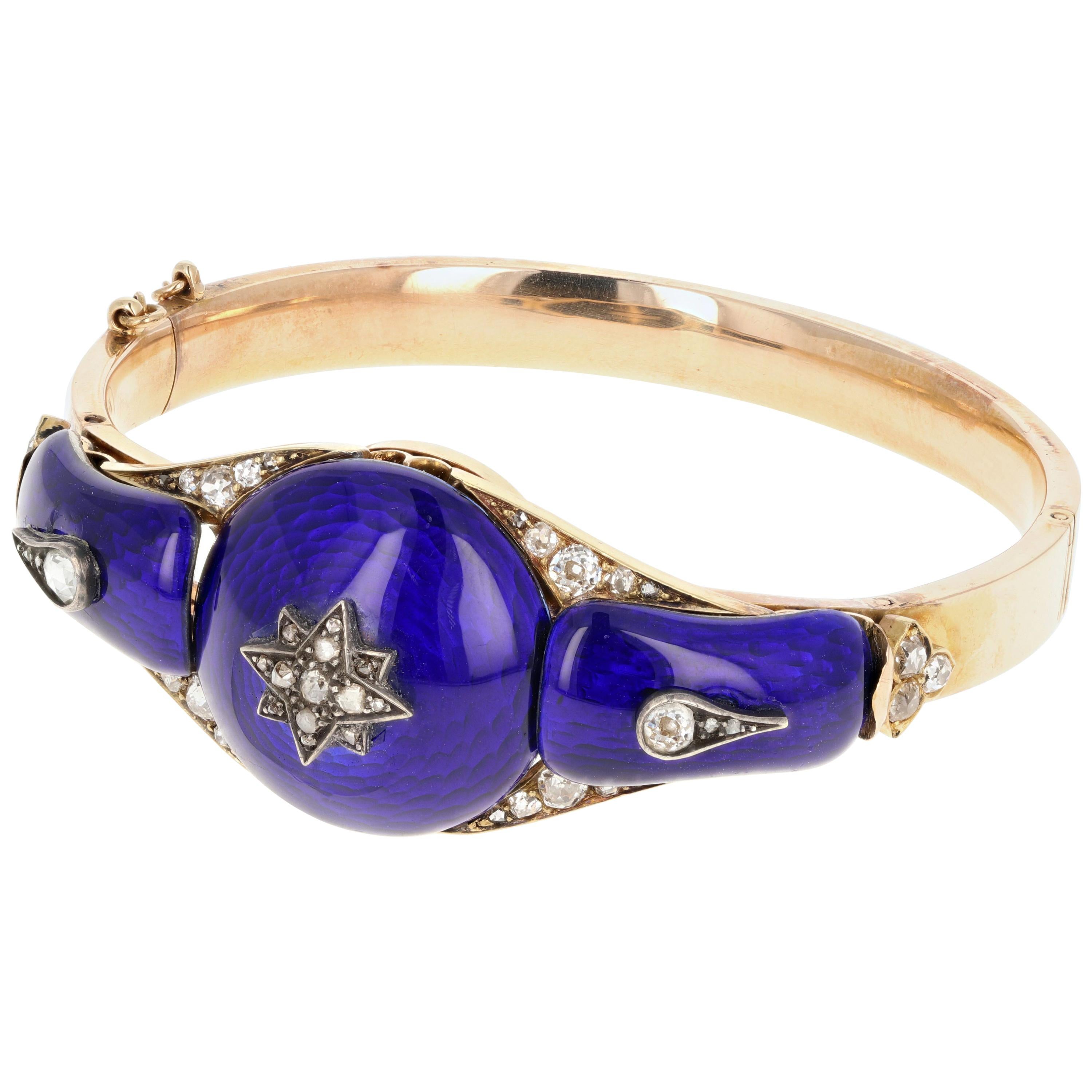 Victorian Yellow Gold Blue Enamel and Rose Cut Diamond Bangle at 1stDibs
