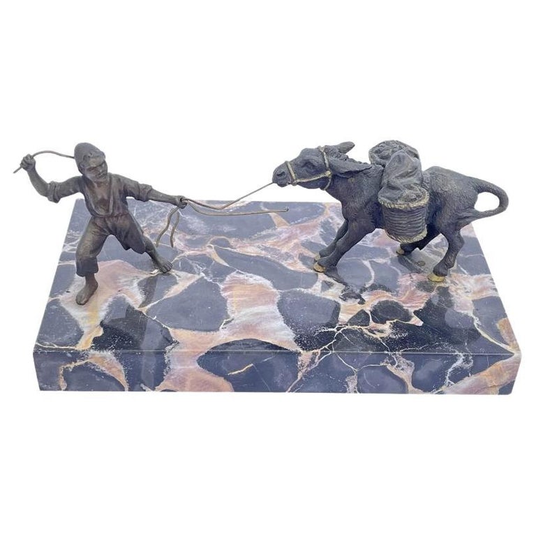Vienna Bronze of a Man Pulling Donkey on Stone Base For Sale at 1stDibs