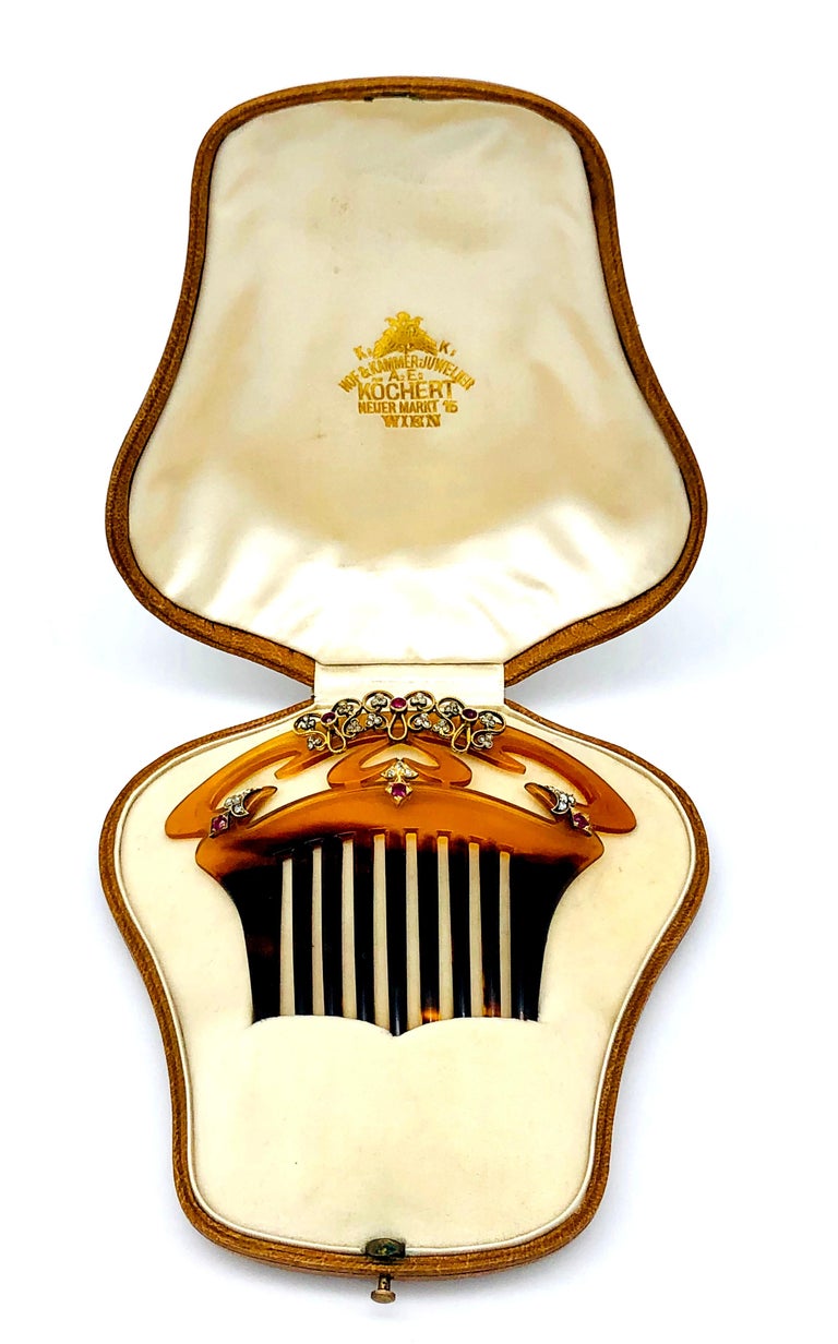 Vienna Köchert Art Nouveau Ruby Diamond Tortoise Shell Gold Silver Hair ...