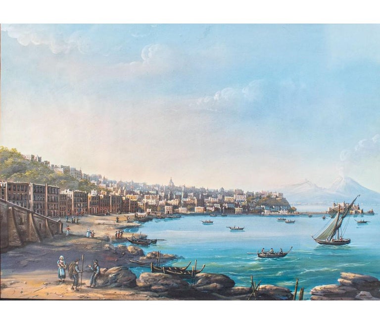View of the Naples Waterfront, Painting Tempera on Paper 19th Century ...