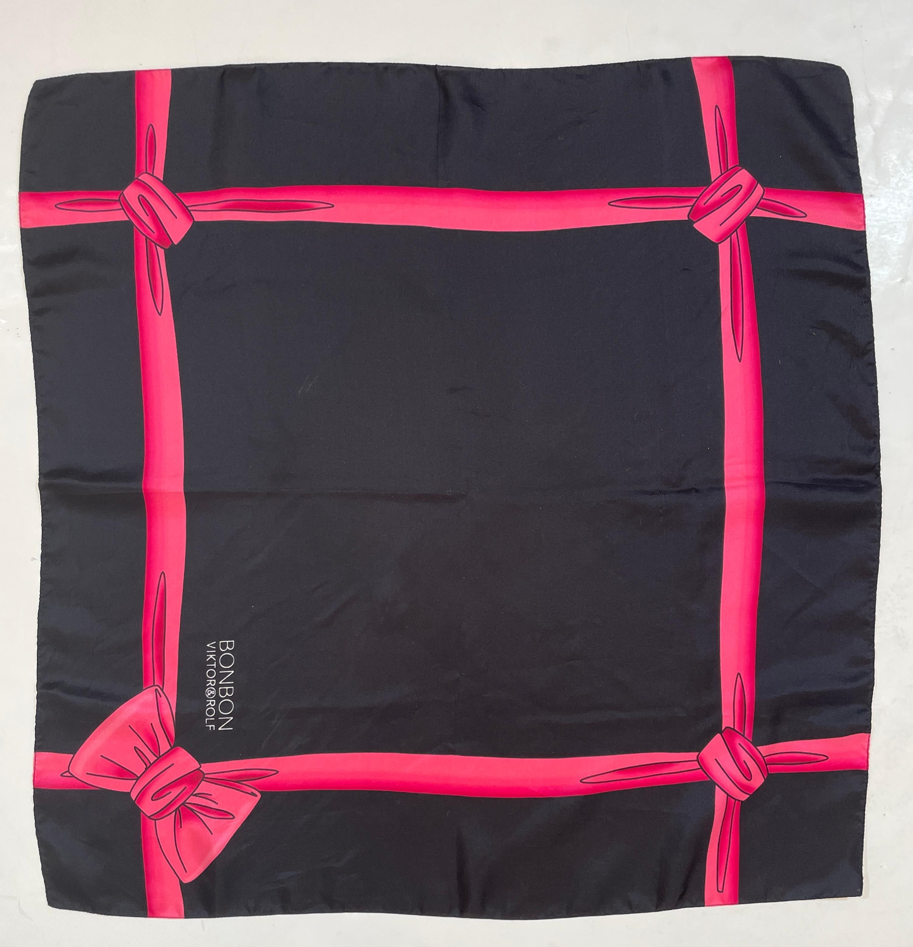 Viktor and Rolf Silk Square Scarf Bonbon Black with Pink Ribbon For ...