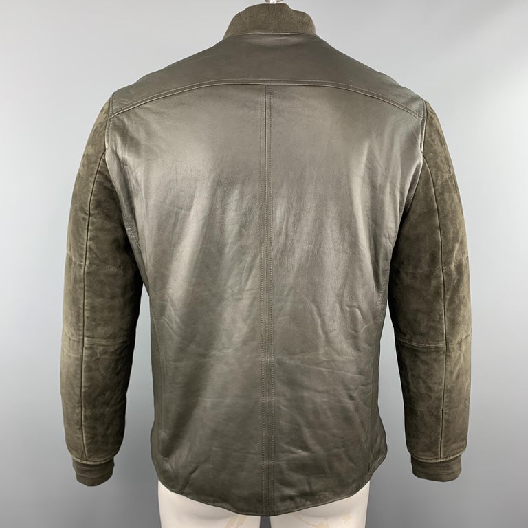 VINCE L Olive Leather Quilted Suede Sleeve Bomber Jacket For Sale at ...