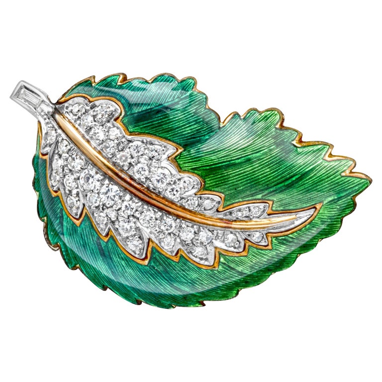 Vintage 0.50 Carats Total Round Diamond and Green Enamel Leaf Brooch ...