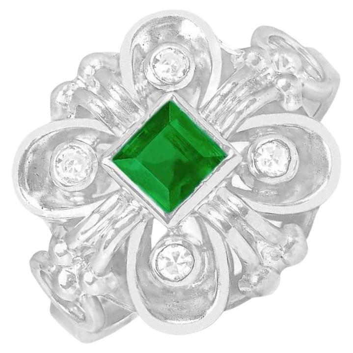 1ct Diamond Turquoise Square Ring Vintage 18k White Gold Cocktail ...