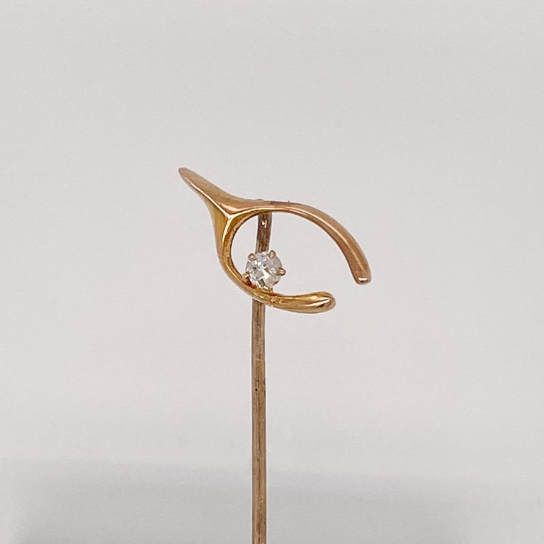 Vintage 10 Karat Gold and Diamond Wishbone Stick Pin For Sale at 1stDibs