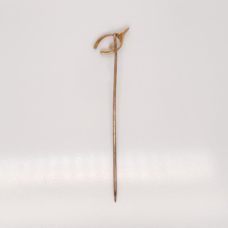 Vintage 10 Karat Gold and Diamond Wishbone Stick Pin For Sale at 1stDibs