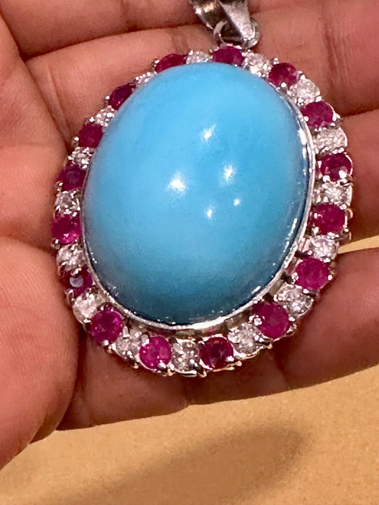 Vintage 105 Ct Natural Oval Sleeping Beauty Turquoise, Ruby and Diamond ...