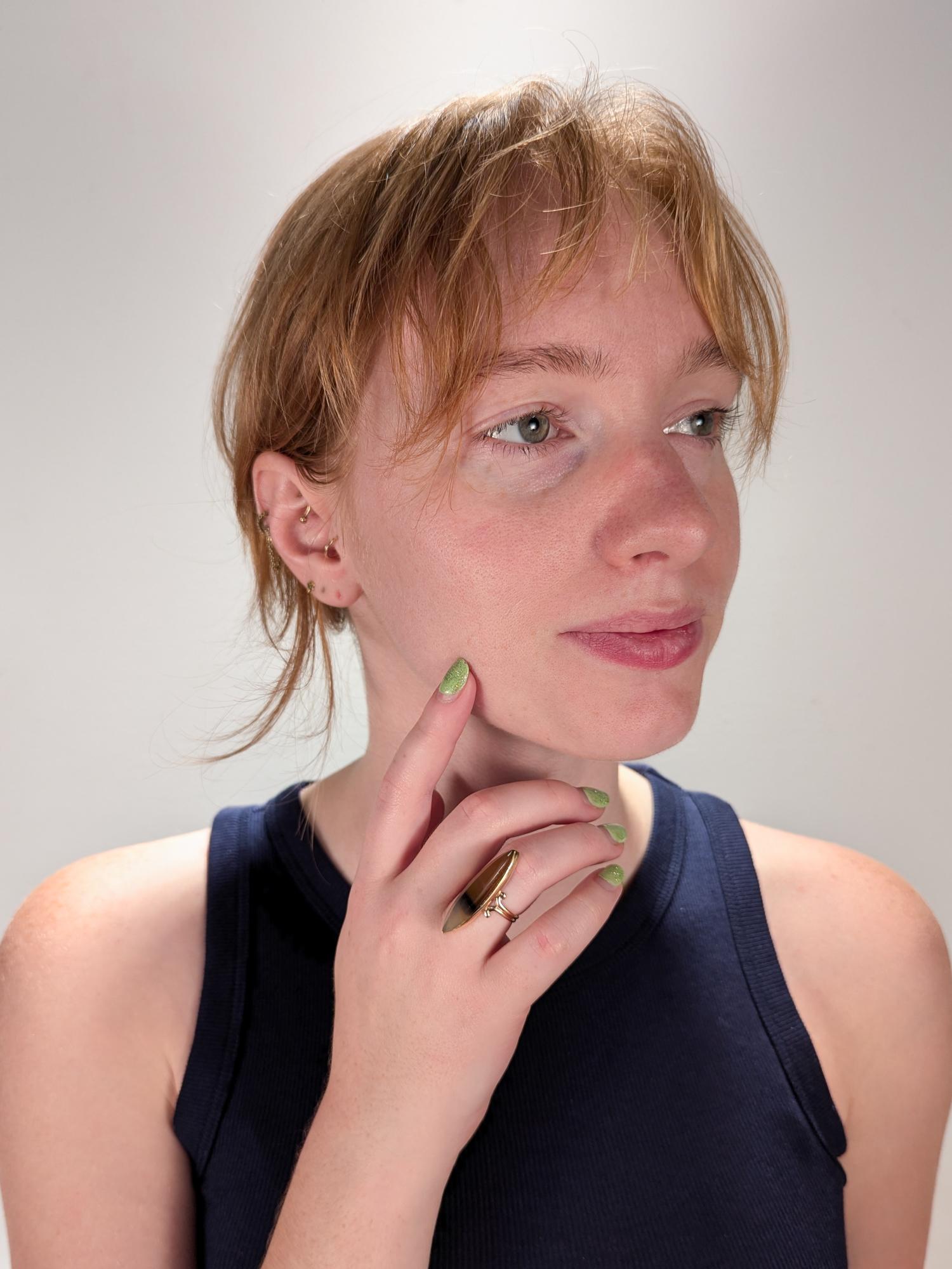 Vintage 10K Gold and Agate Navette Cabochon Ring For Sale at 1stDibs