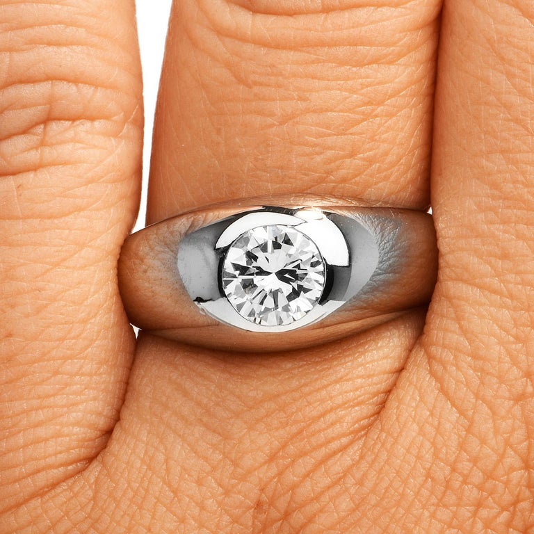 Vintage 1.15 Carats Diamond 18k White Gold Solitaire Men's Gypsy Ring ...