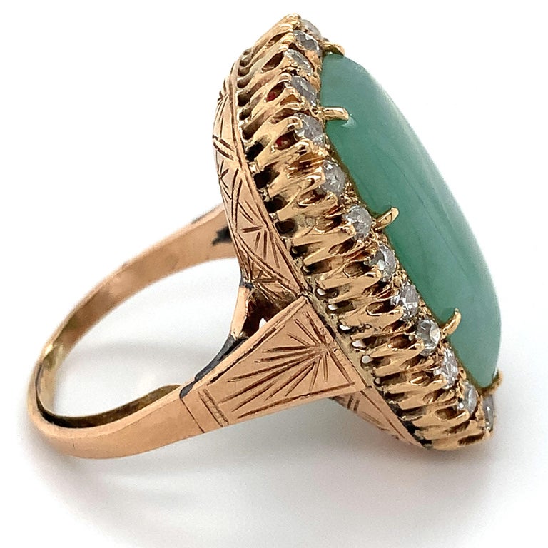 Vintage 12k Gold Elongated Cushion Jade and European Cut Diamond Halo ...