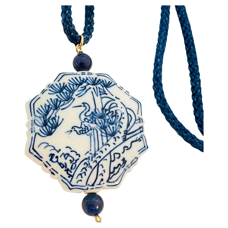 Vintage 12k gold filled porcelain lapis stone necklace For Sale at 1stDibs