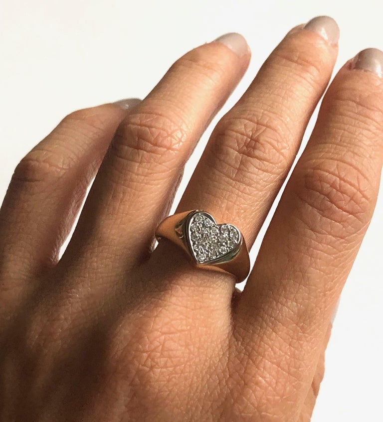 Vintage 14 Karat Gold Diamond Pave Heart Signet Ring at 1stDibs
