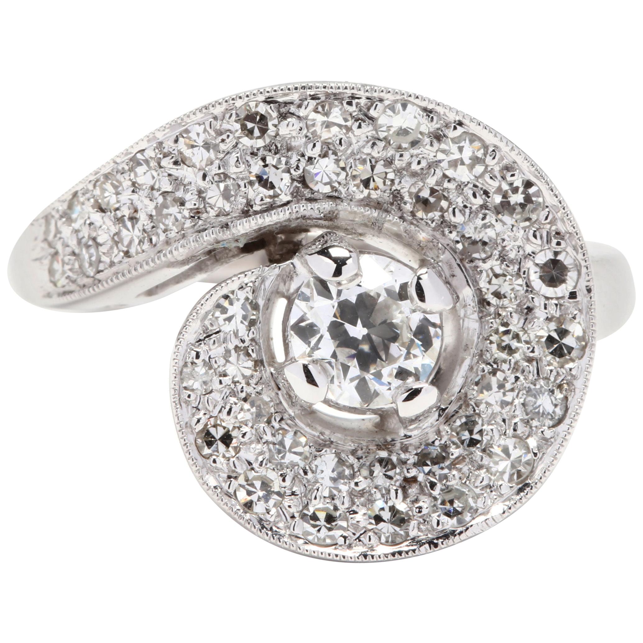 Vintage 14 Karat White Gold Diamond Swirl Ring at 1stDibs