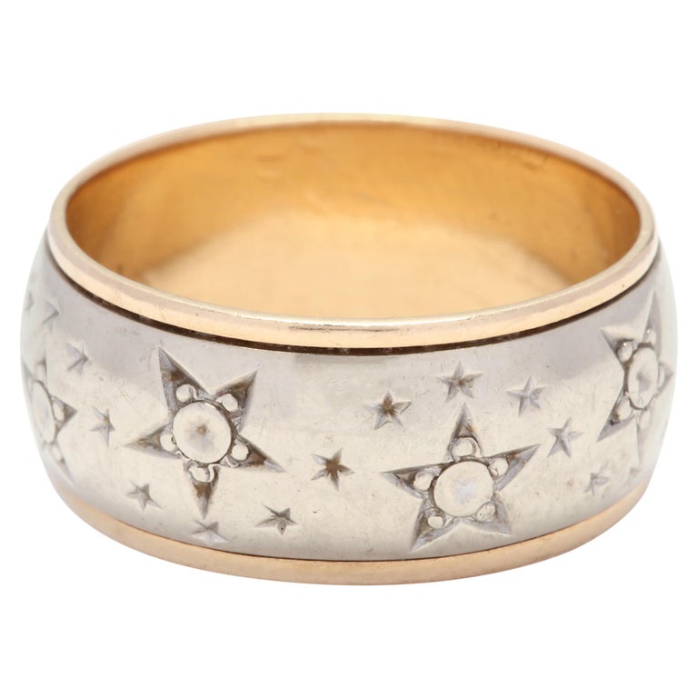 Vintage 14 Karat Yellow and White Gold Star Celestial Wide Band Ring at ...