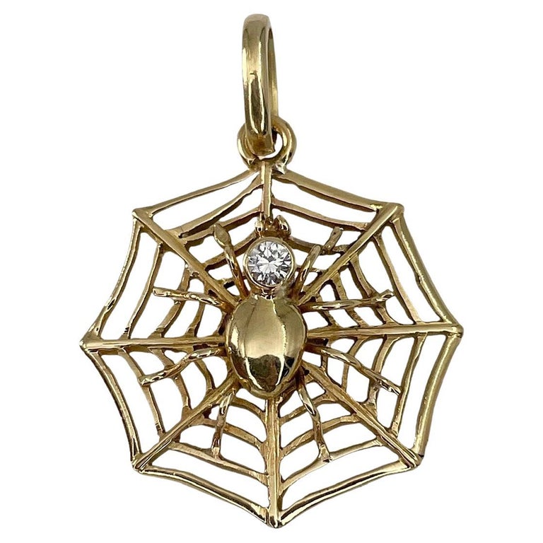 Vintage 14 Karat Yellow Gold 0.08 Carat Diamond Spider Web Lucky Charm ...
